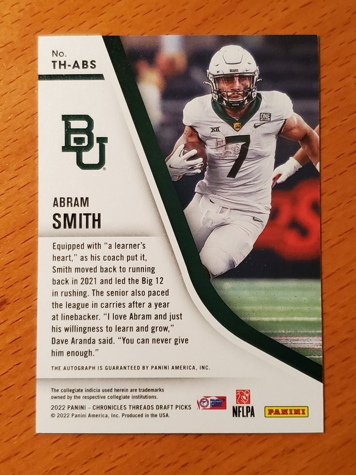 2022 Chronicles Threads Rookie Signatures #34 Abram Smith Baylor RB Auto | eBay