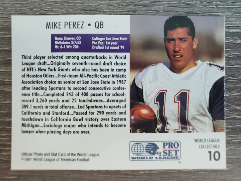 1991 Pro Set World League Mike Perez WLAF Football Card #10 Frankfurt ...