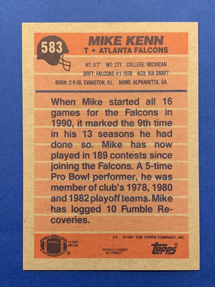 MIKE KENN Signed 1991 Topps #583 Falcons Michigan Wolverines Autograph ...
