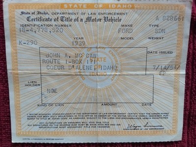 Vintage Historical Idaho Document 1939 Ford Sedan | eBay