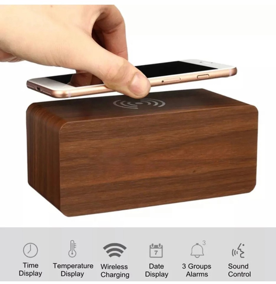 LED Wooden Digital Bedside Alarm Clock Qi Wireless Charging USB Battery ...