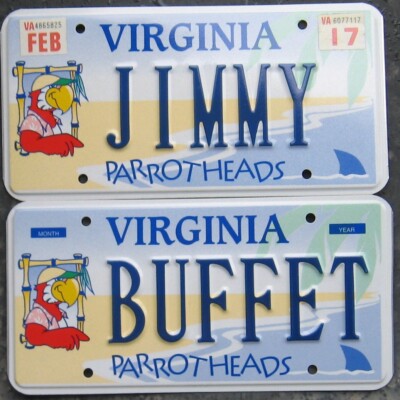 Two Virginia DMV issued Parrot Heads license plates, Personalized ...