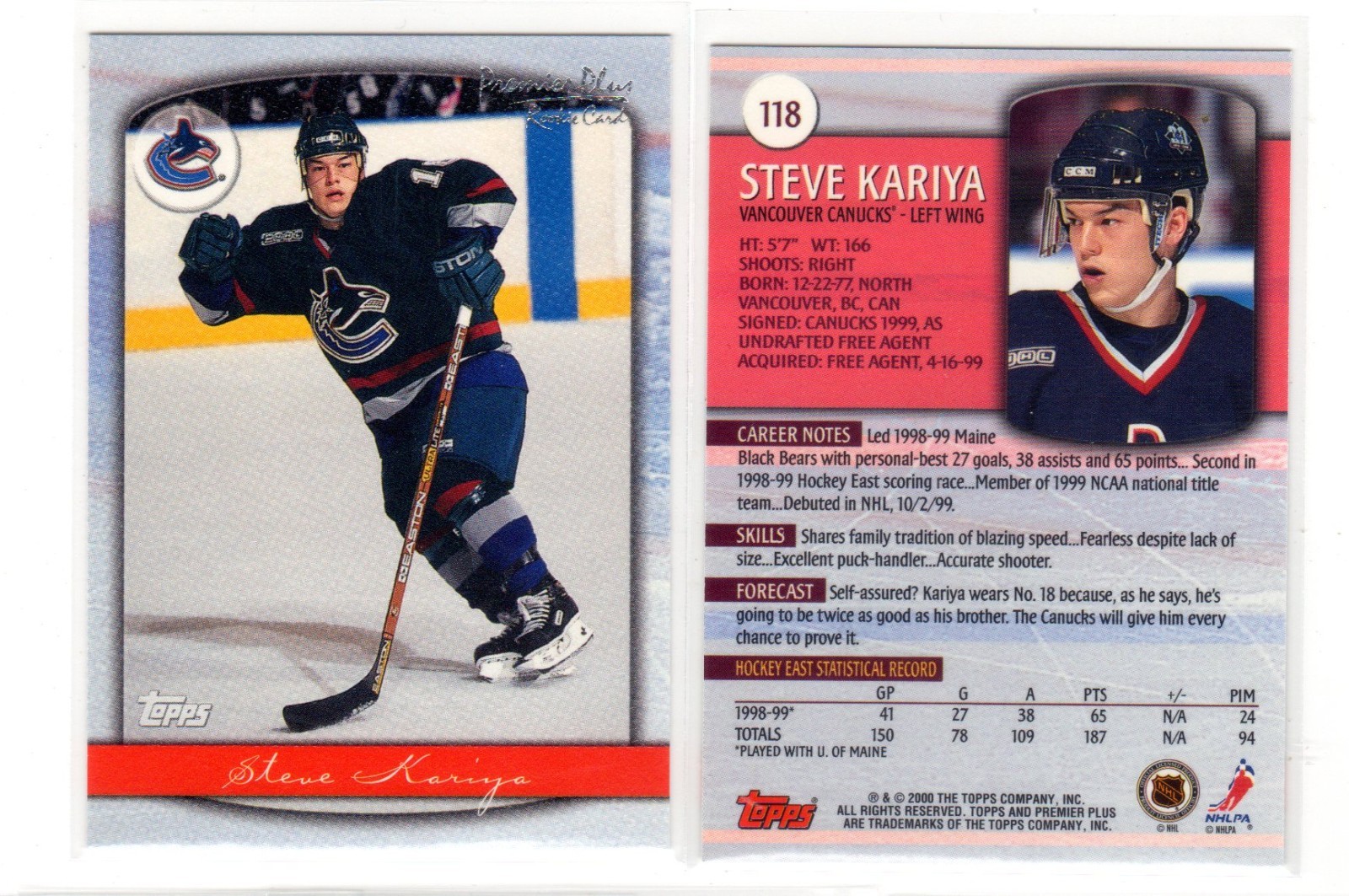 1X STEVE KARIYA 1999 00 Topps Premier Plus #118 RC Rookie NMMT Canucks ...