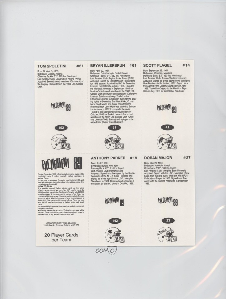 1989 Vachon CFL Panels Scott Flagel Bryan Illerbrun Tom Spoletini Doran ...