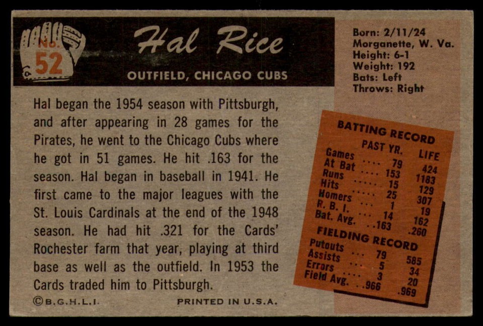 1955 Bowman #52 Hal Rice VG Cubs ID:76355 | eBay