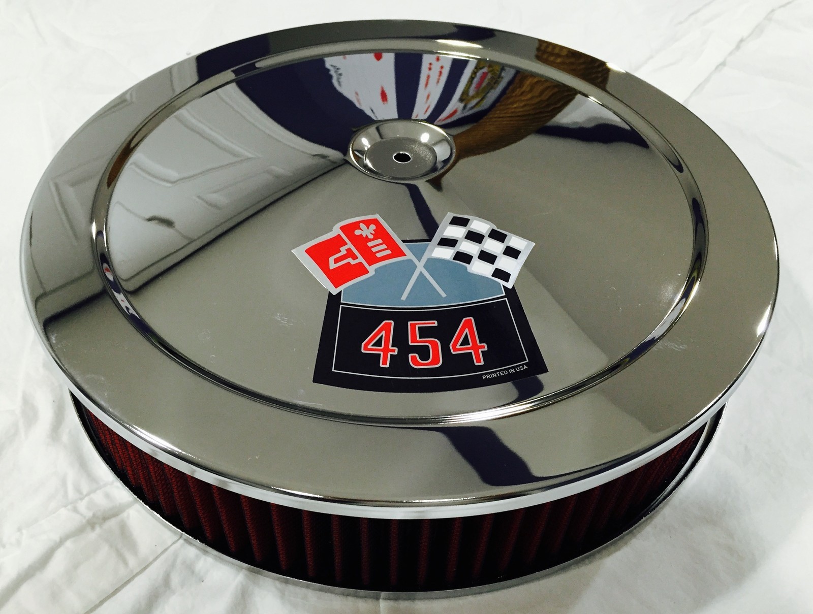 CHROME CHEVROLET AIR CLEANER 14" ROUND 4 BBL WASHABLE RED FILTER 454 ...