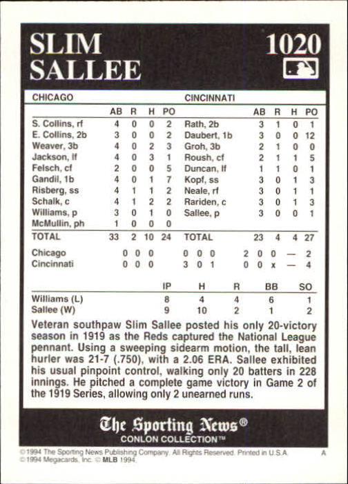 1994 Conlon TSN Baseball Card #1020 Slim Sallee | eBay