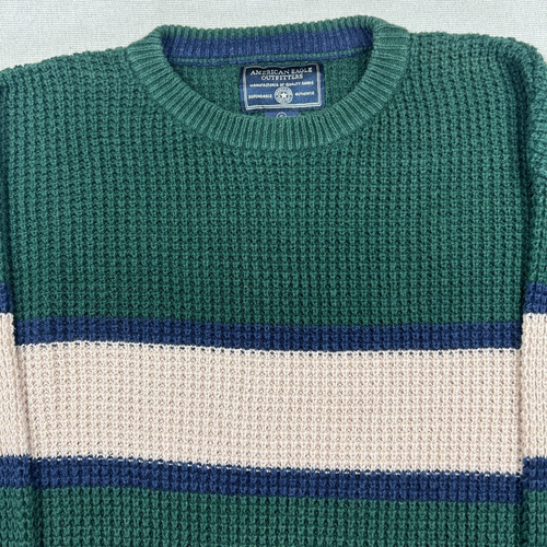 VTG American Eagle Rugby Crewneck Sweater Men's S Green Striped Chunky ...