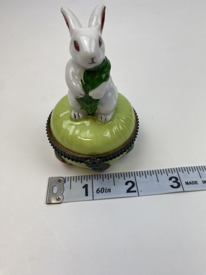 Vintage Rabbit Porcelain Hand Painted Trinket Box White Bunny Green | eBay