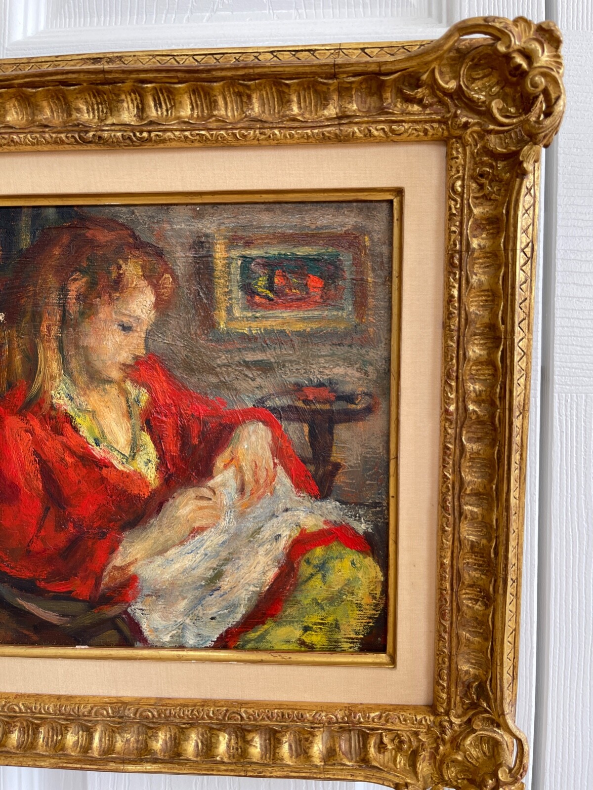 American Listed Artist Robert Philipp "Rochelle Sewing" Oil on Canvas ...