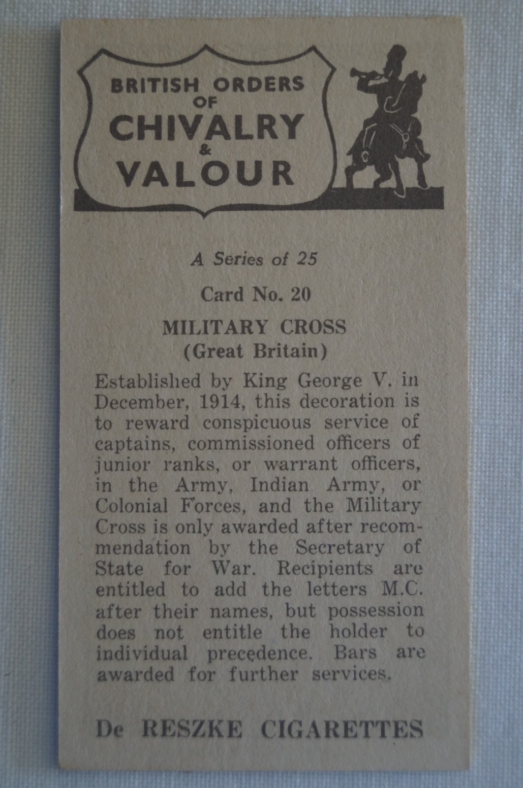 British Orders Chivalry & Valour 1936 Pre WWII De Reszke Card Military ...