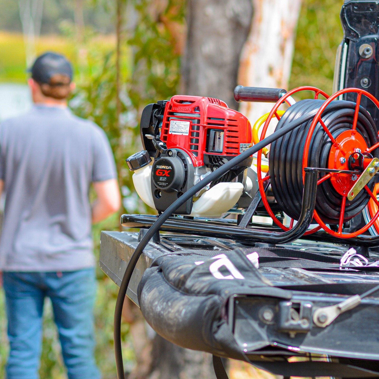 1.3HP Skid Sprayer Barrel Mount Only with Honda GX35 100ft Hose and 500 ...