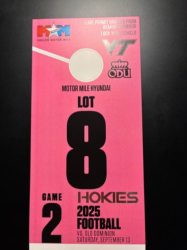 ODU @ Virginia Tech Hokies Football Lot 8 Parking Pass | eBay