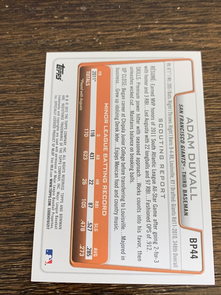 2012 BOWMAN ADAM DUVALL #BP44 GIANTS MINT OR BETTER RC ROOKIE | eBay