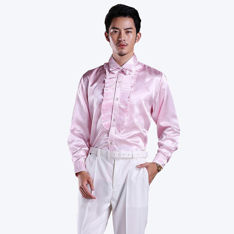 Men Long Sleeve Top Ruffle Pleated Front Shirt Wet-Look Frill Top Shiny ...