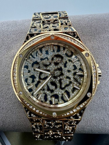 Michael KORS Lennox Animal Leopard Pavé Gold-Tone 43mm Case Watch ...