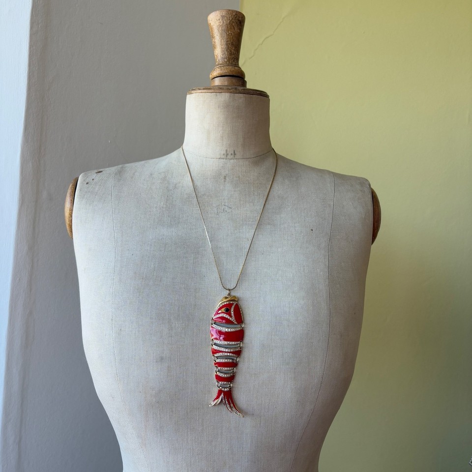 Vintage Signed D’Orlan Orange Enamel + Gold Articulated Fish Pendant ...