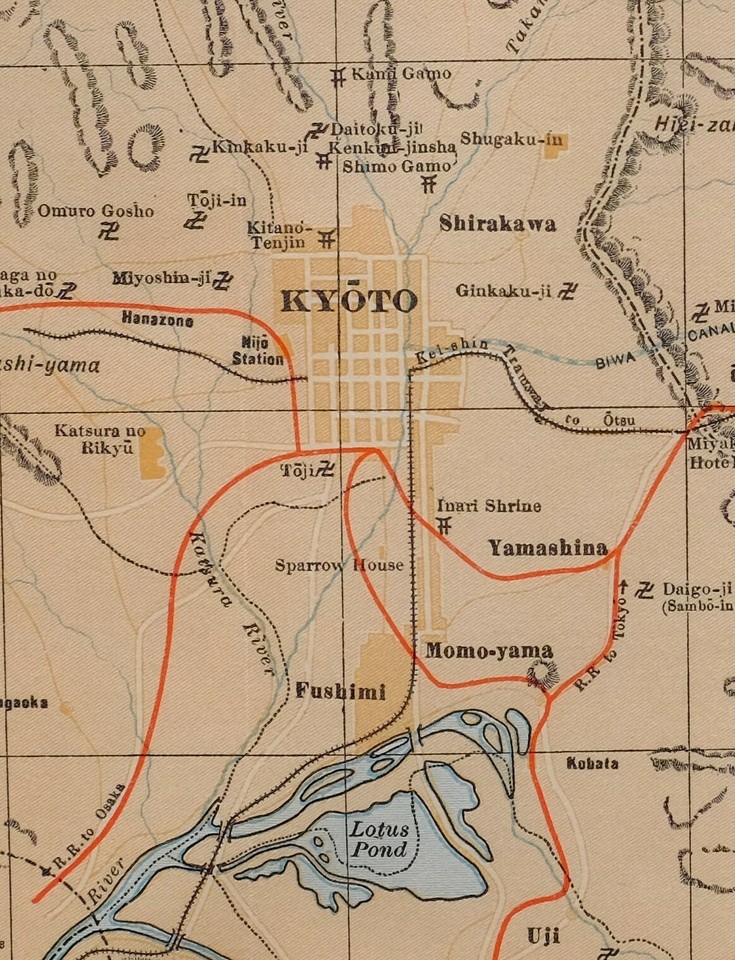 1914 JAPAN JAPANESE MAP KYOTO ENVIRONS TEMPLES OTSU MOMO-YAMA SHIRAKAWA ...
