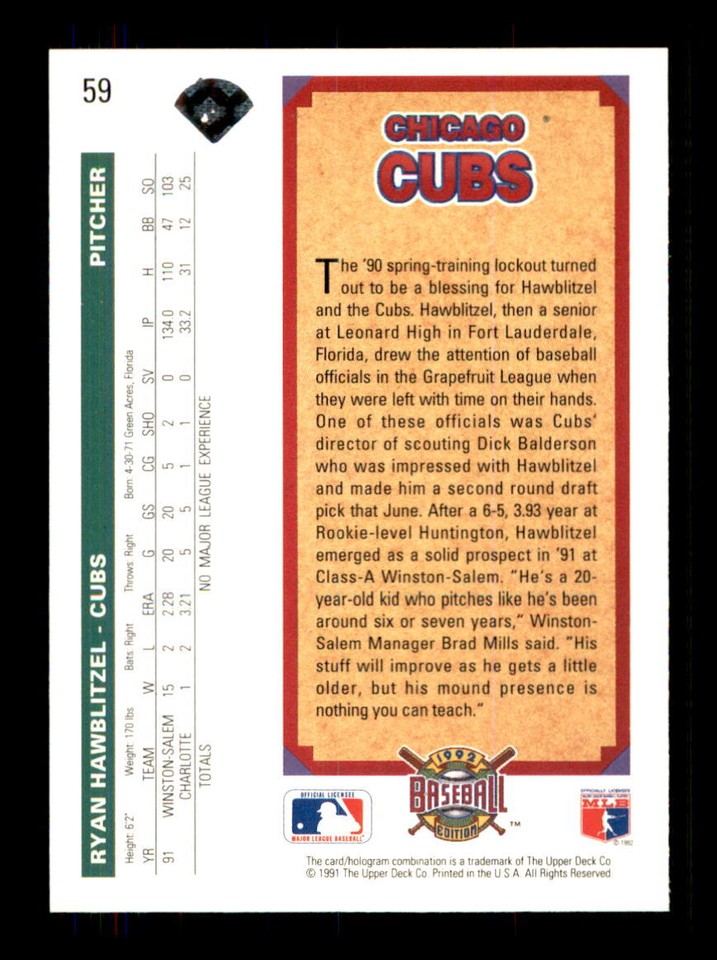 1992 Baseball 1992 Upper Deck Ryan Hawblitzel Chicago Cubs #59 RC1 | eBay
