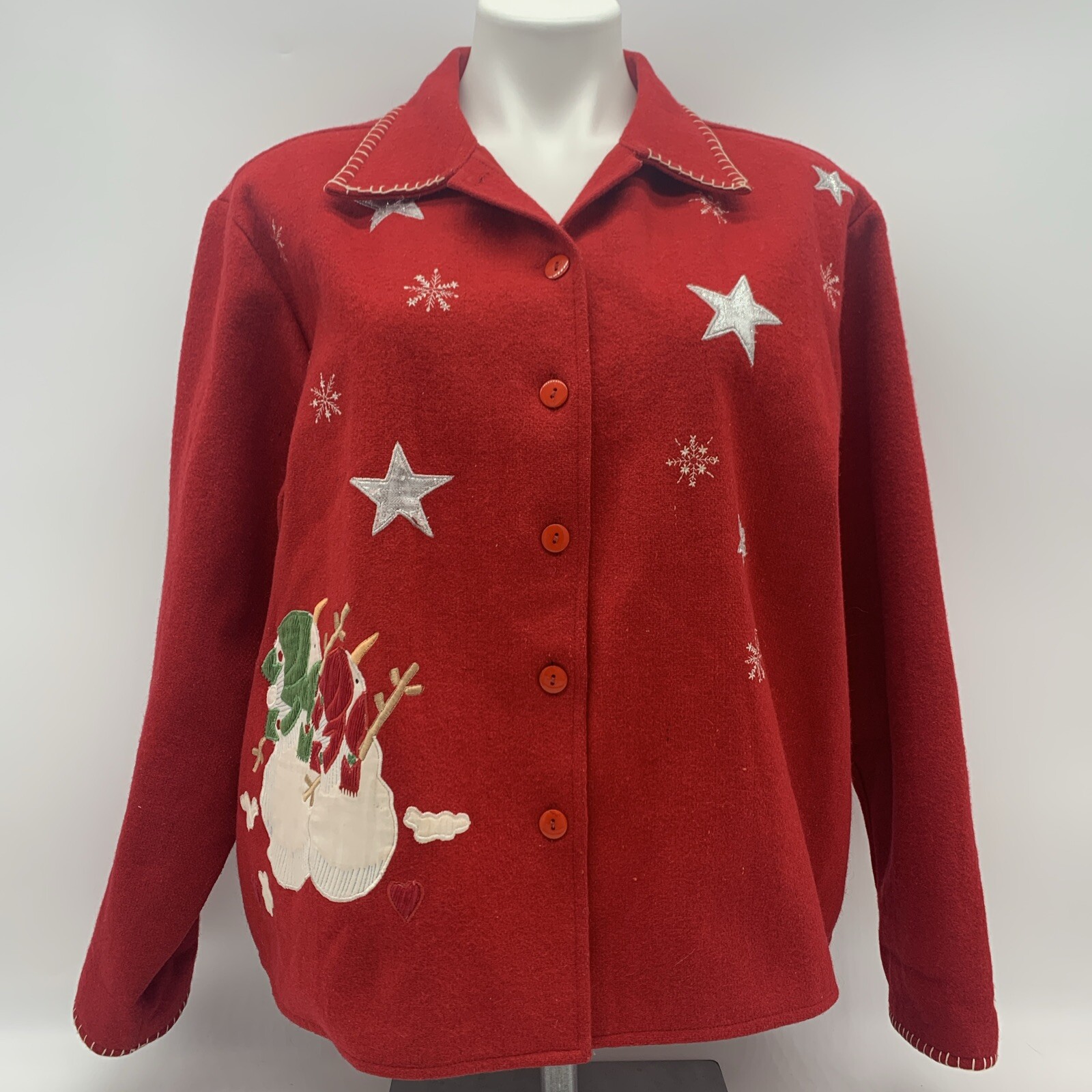 Christmas Sweater Jacket Womens XL Wool Snowmen Stars Embroidered Take ...