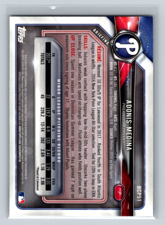 2018 Bowman Chrome #BCP51 Adonis Medina Chrome Prospects Phillies Mint ...