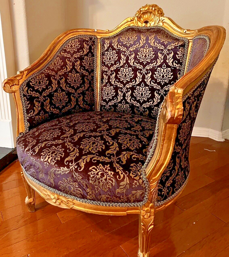 Hollywood Glamour Louis XV Style Gilt Bergere in Purple Damask Velvet ...