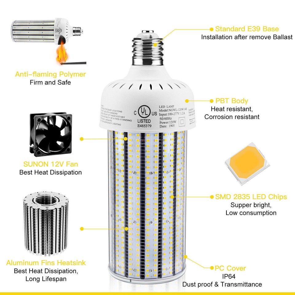 2-Pack 120W (600W Equivalent), Daylight E39 Mogul Base LED Corn Light ...