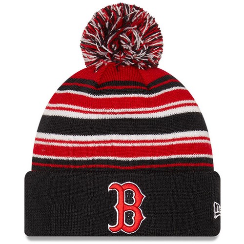 New Era Boston Red Sox B Logo Striped Pom Knit Cuffed Beanie Cap Hat ...