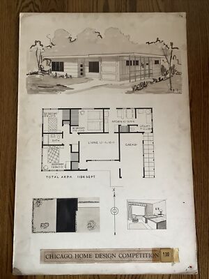 Vintage MCM Blueprint Floor Plan Chicago Home Design Competition 1950’s ...
