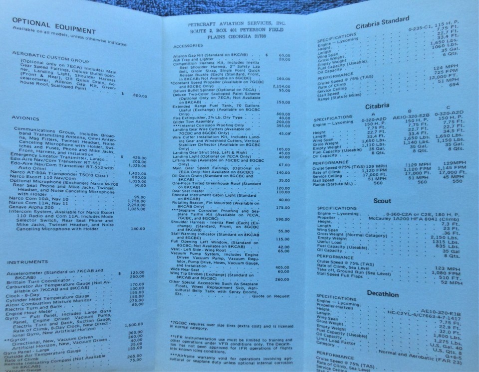 1975 Bellanca Champion Citabria Decathlon Scout Price List w/ Optional ...
