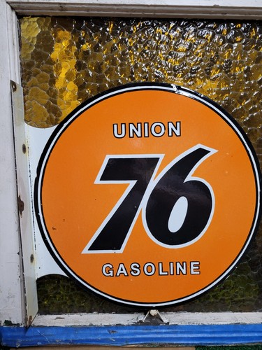 VINTAGE UNION 76 GASOLINE PORCELAIN SIGN 18" FLANGE PETROL FUEL ...