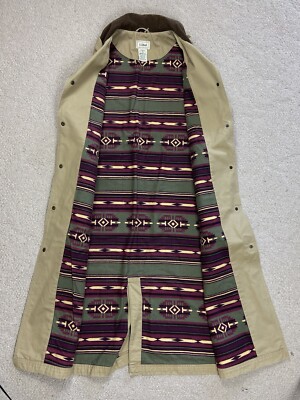 VTG LL Bean Aztec Print Lined Beige Trench Chore Overcoat Jacket Women ...
