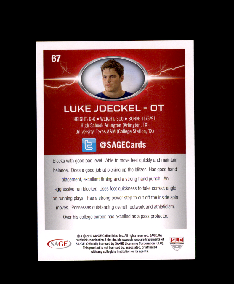 2013 SAGE HIT #67 Luke Joeckel NL RC Texas A&M Jacksonville Jaguars ...