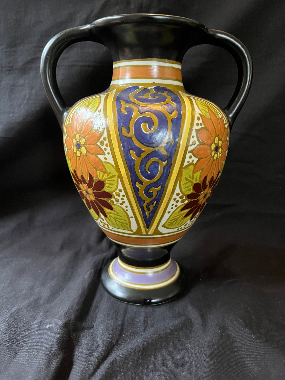 antique dutch Gouda pottery vase. Approx 1920. Several marks. decor ...