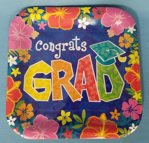 Graduation Party Plates Congrats Grad Bright Flowers Design Pink Blue ...