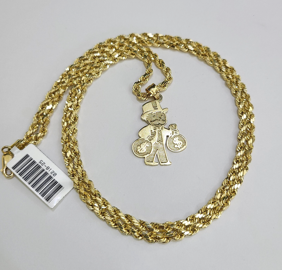 REAL 10k Grandpa Money Bag Charm Rope Chain Pendant 3mm Necklace Set 18 ...
