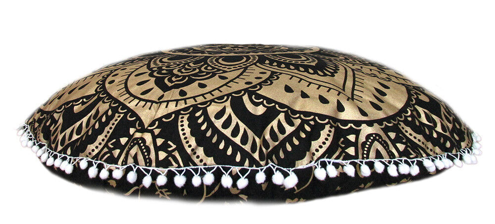 Indian Handmade Round Cushion Cover Black Gold Floor Pillow Cover Home ...