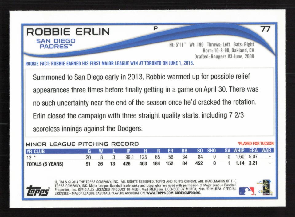 2014 Topps Chrome - #77 Robbie Erlin RC - San Diego Padres | eBay