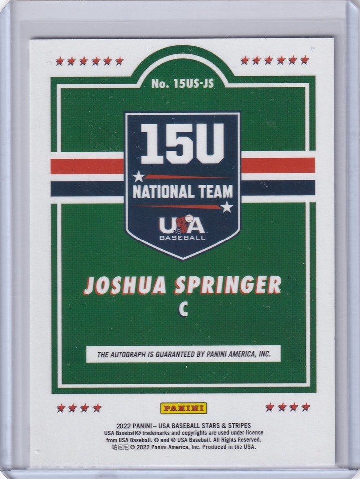Joshua Springer 2022 Panini Stars & Stripes USA Auto 15US-JS, 317/499 ...