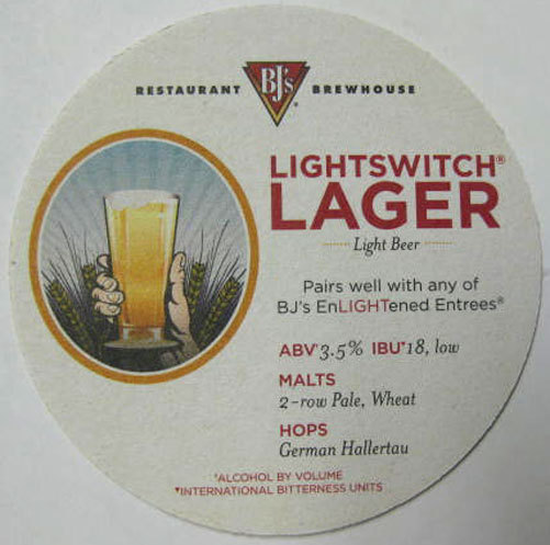 BJ's BREWHOUSE LIGHTSWITCH LIGHT BEER round COASTER, Mat, Brea ...
