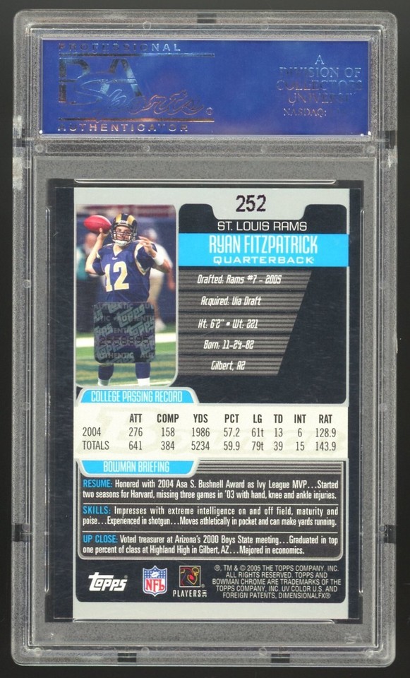 RYAN FITZPATRICK 2005 BOWMAN CHROME ROOKIE AUTOGRAPH PSA 9 #252 RC AUTO ...