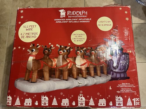 Gemmy 15.5 Ft Rudolph Carrying Santa & Toys In Sleigh Airblown ...