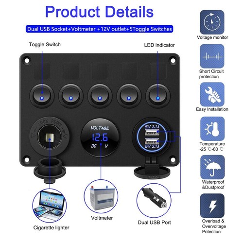 5 Gang Marine Rocker Switch Panel ON-Off Toggle Switch Panel Waterproof ...