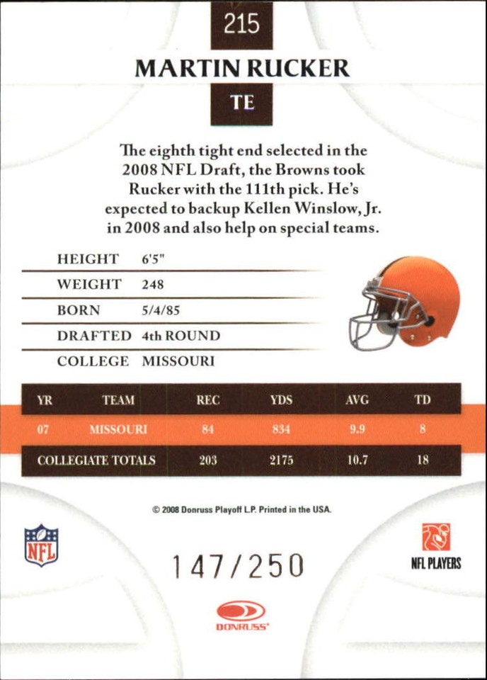 2008 Donruss Threads Bronze Holofoil #215 Martin Rucker /250 FB | eBay