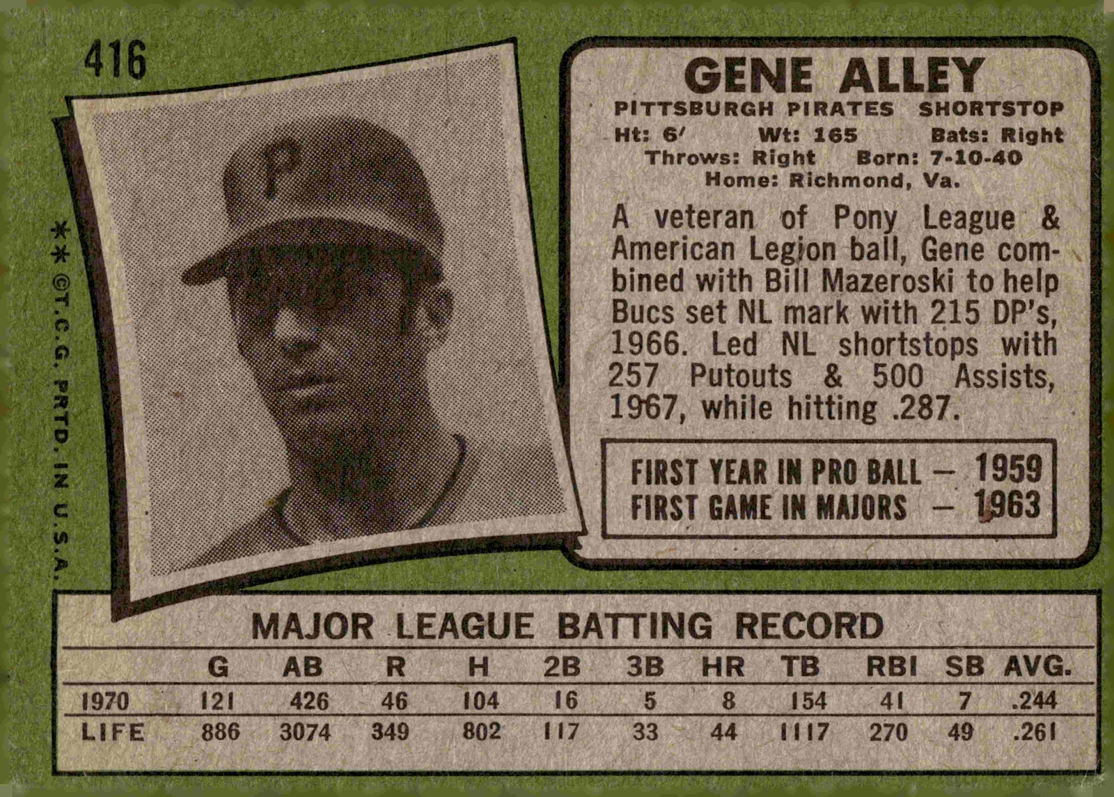1971 Topps Gene Alley #416 - Pittsburgh Pirates | eBay