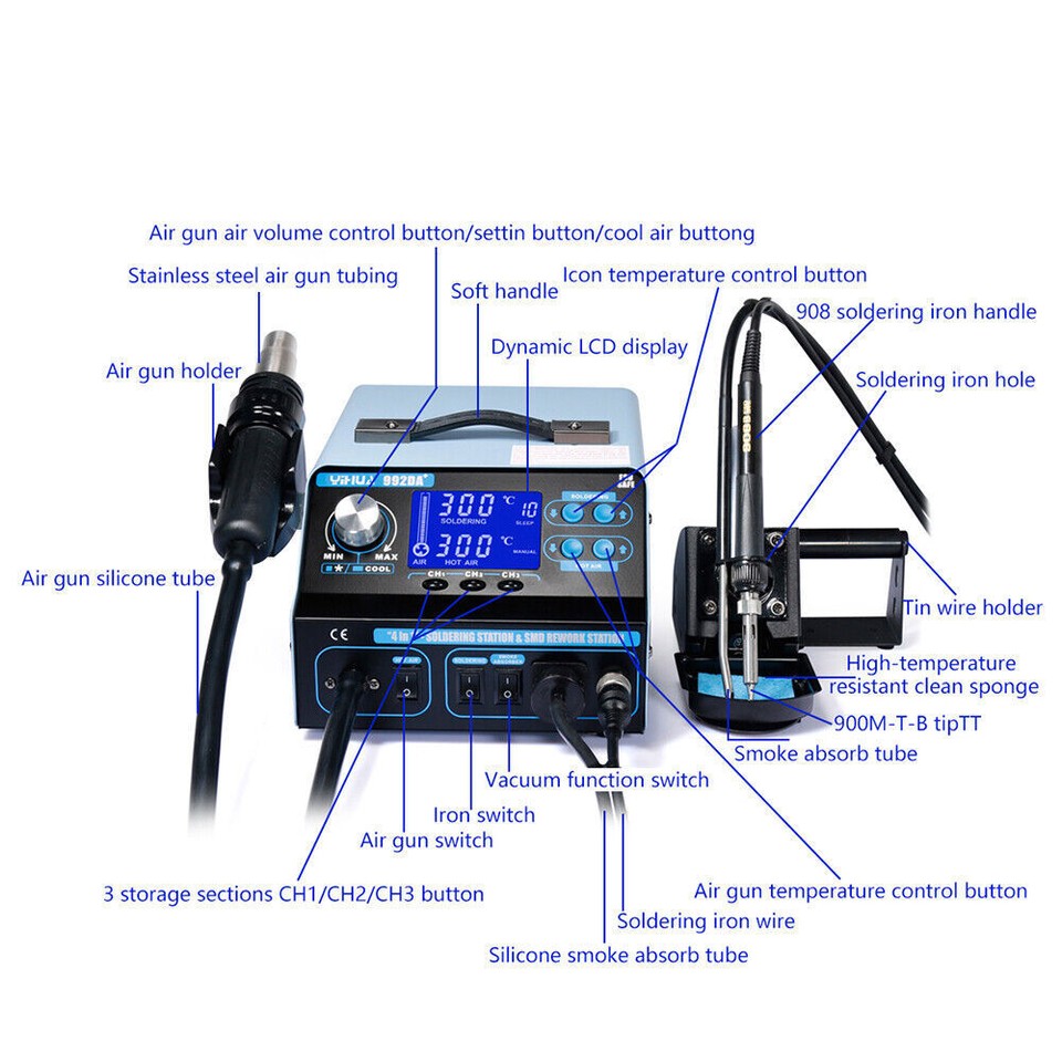 YIHUA 992DA+ 4 in 1 BGA Rework Soldering Station SMD Hot Air gun Solder ...