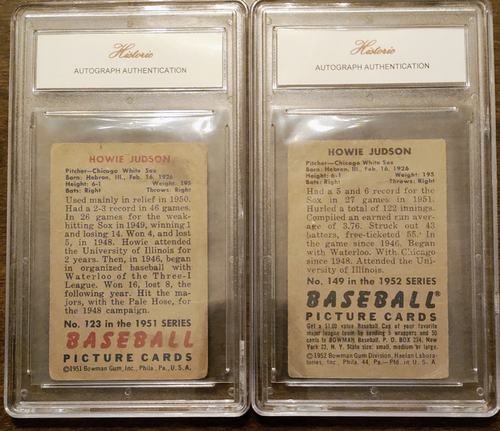 (LOT OF 2)-1951+1952 BOWMAN BASEBALL H. JUDSON AUTOGRAPHED CARDS ...