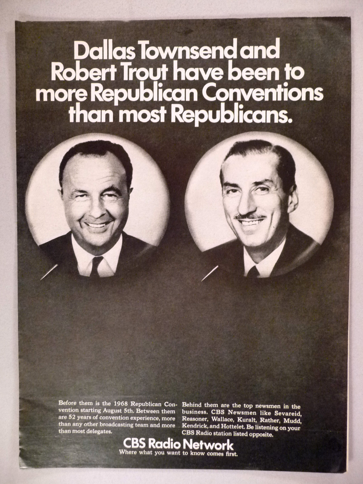 Dallas Townsend & Robert Trout PRINT AD - 1968 ~~ CBS ~~ Republican ...