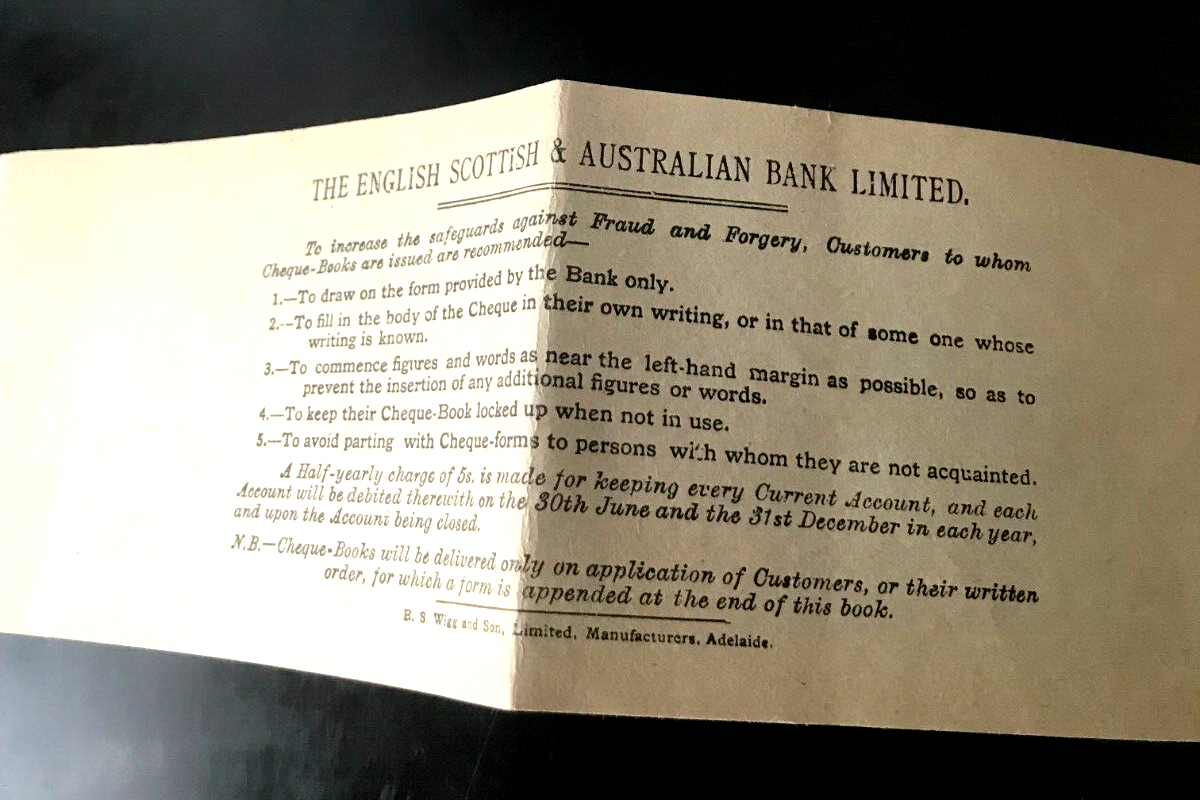 VINTAGE THE ENGLISH SCOTTISH & AUSTRALIAN BANK LIMITED CHEQUE BOOK 1917 ...