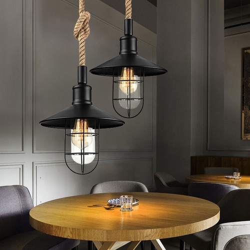 Vintage Industrial Pendant Lamp Kitchen Edison Hemp Rope Ceiling Light ...